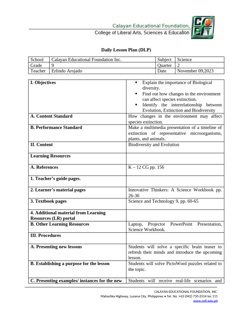 Daily Lesson Plan For Grade 9 | PDF | Learning | Species