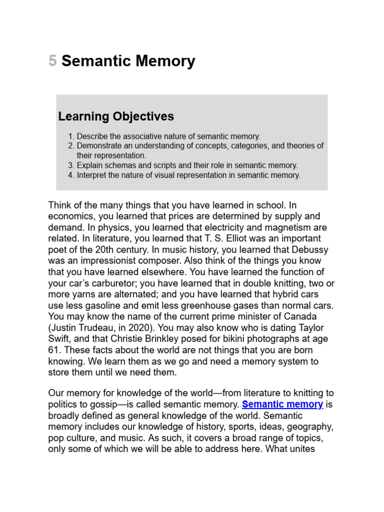 Chapter 5 - Semantic Memory | PDF | Priming (Psychology) | Concept