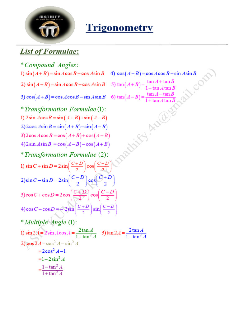 Trigonometry (Formulae List) | PDF