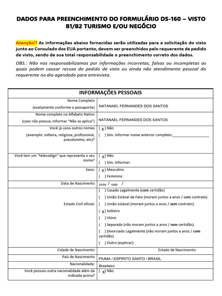 Dados para Preenchimento Do Formulário DS160 | PDF | Visto para viagem ...