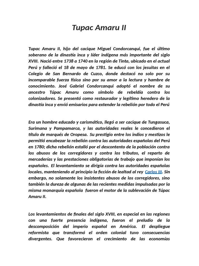 Túpac Amaru II: Líder Indígena del XVIII | PDF
