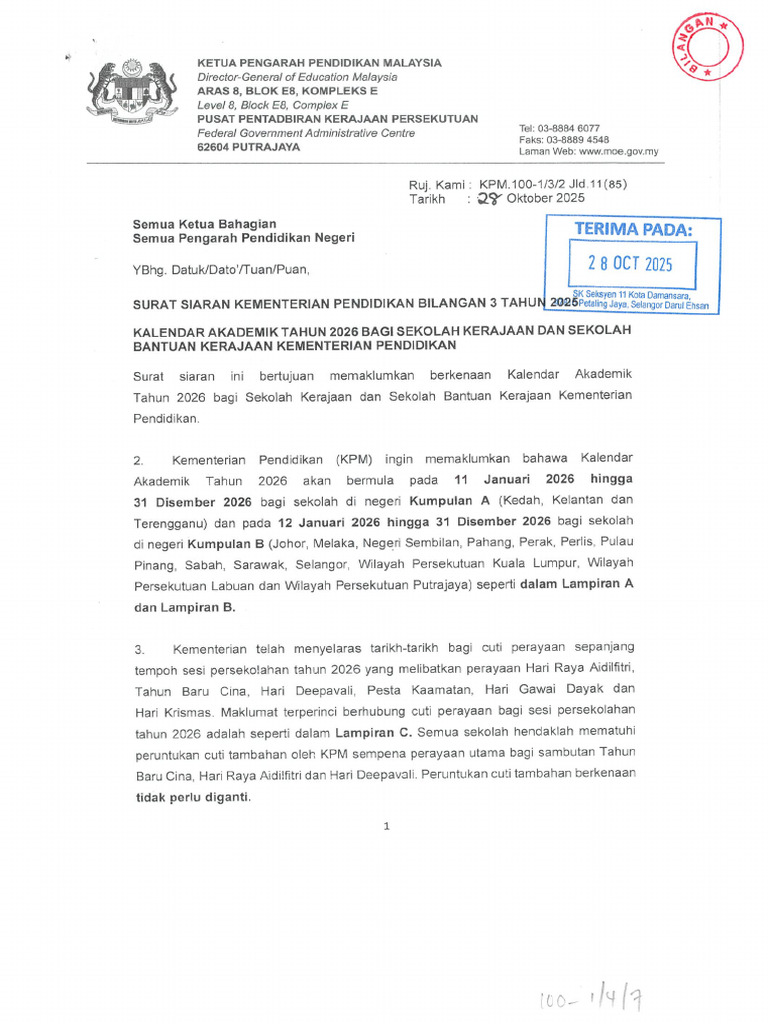 Surat Siaran Kementerian Pendidikan Bilangan 3 Tahun 2025 Kalendar ...