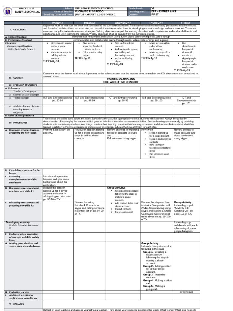 DLL Tle-Entrep Ict 6 q1 w7 | PDF | Educational Technology | Learning