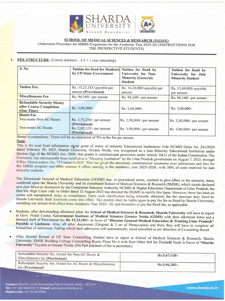 Mbbs Fee Structure and Admission Guidelines 2025 26 | PDF