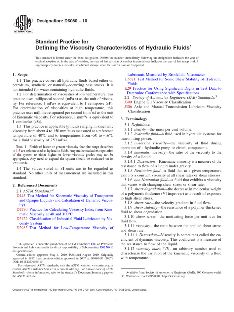 Defining The Viscosity Characteristics of Hydraulic Fluids: Standard ...