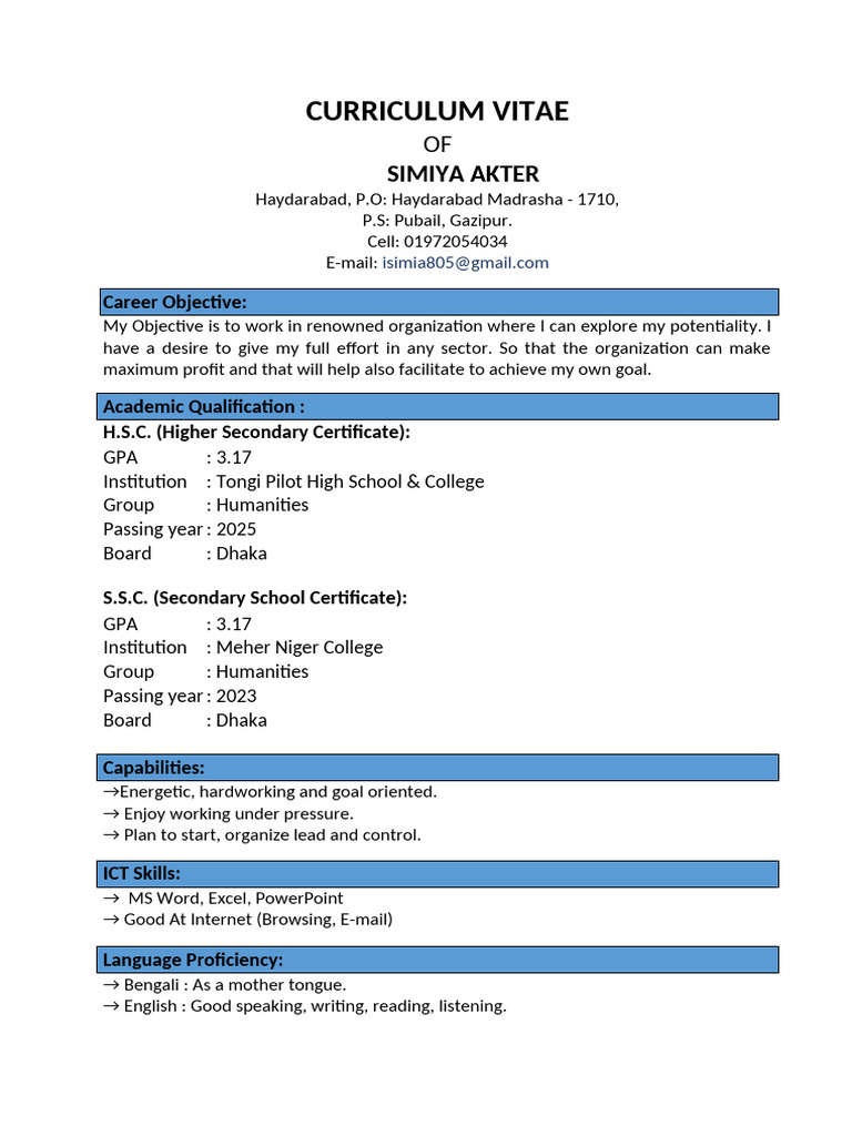 Simiya Akter CV | PDF