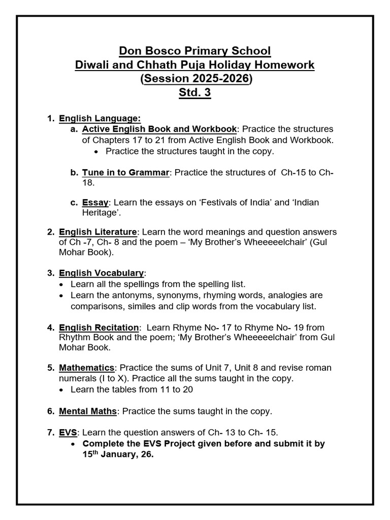 Std.3 Holiday Homework (Diwali and Chhath Puja) | PDF