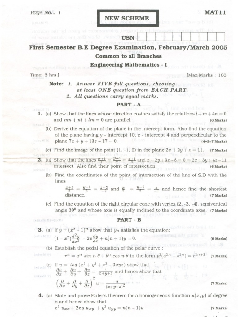 Engg Mathematics-1 March 2005 | PDF | Plane (Geometry) | Cartesian ...