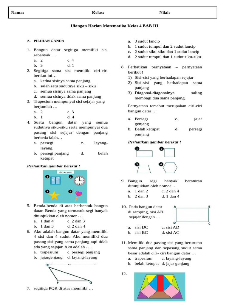 Ulangan Harian Matematika Kelas 4 BAB III (Bangun Datar) | PDF