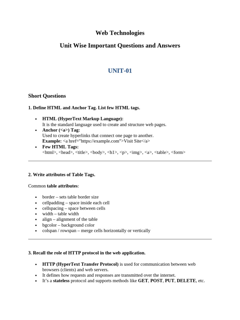 Web Technologies - Imp Q&a All Units | PDF | World Wide Web | Internet ...