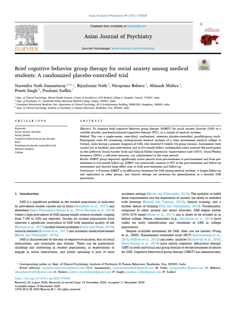Brief Cognitive Behavior Group Therapy For Social Anxiety Among Medical ...