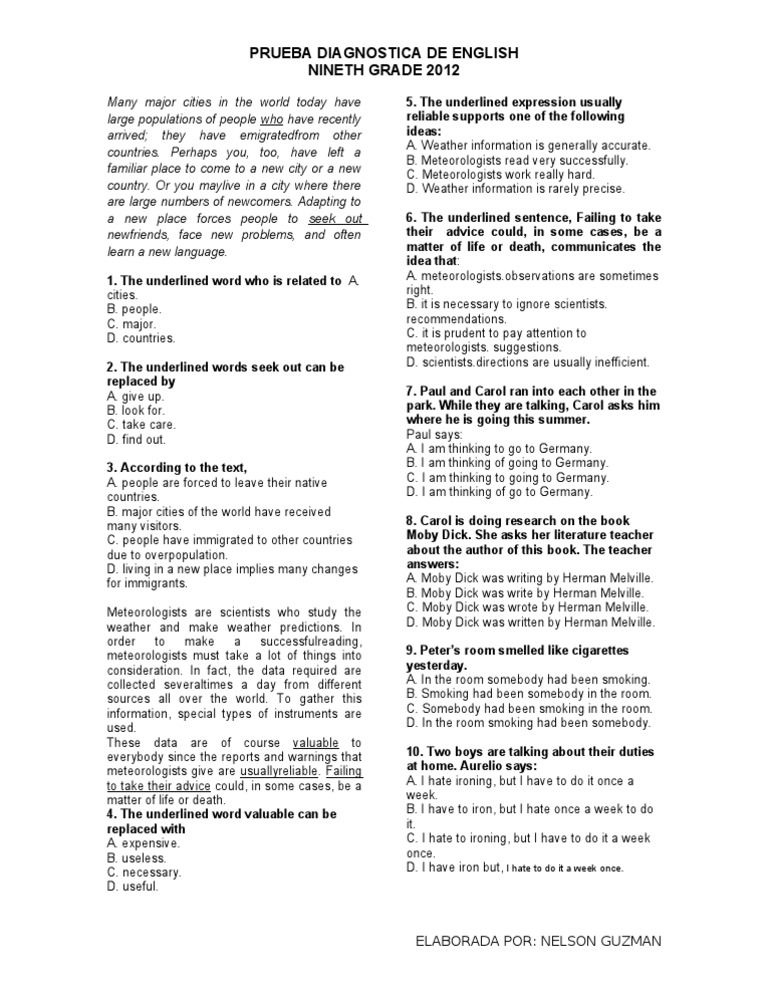 Ninth Grade English Diagnostic Test | PDF