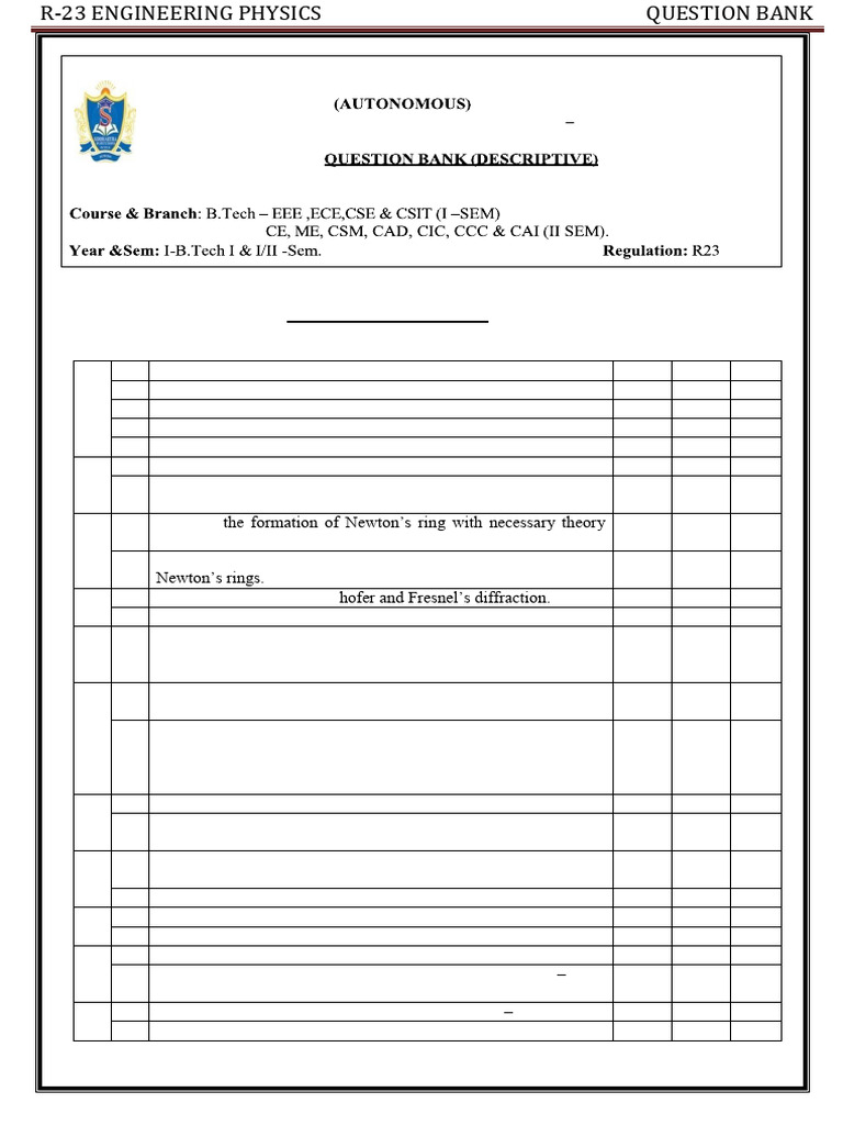 R-23 Engineering Physics Question Bank | PDF | Diffraction ...