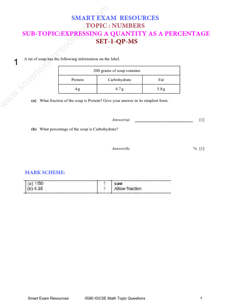 1.6.1 Expressing A Quantity As A Percentage Set 1 QP Ms IGCSE Math ...