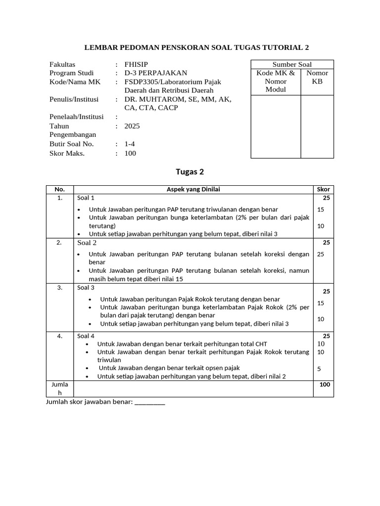Lembar Pedoman Penskoran Soal Tugas Tutorial-2 | PDF