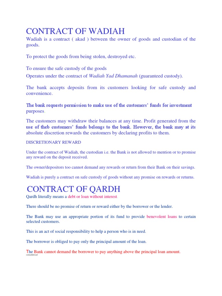 Contract of Wadiah | PDF | Islamic Banking And Finance | Lease