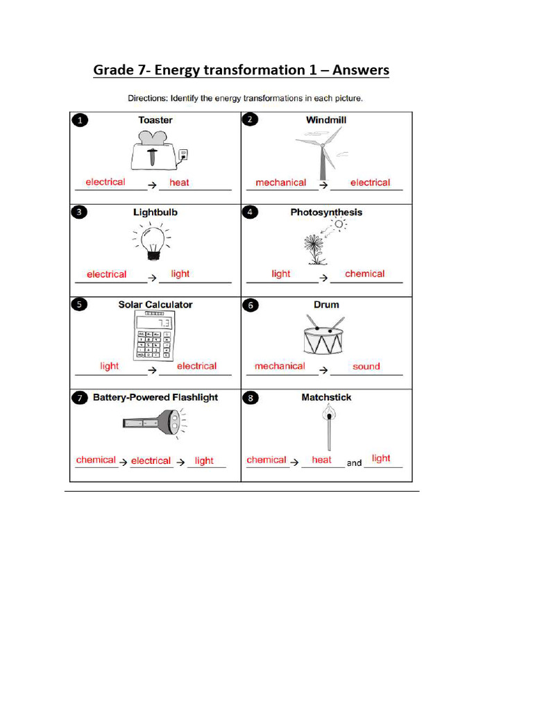 Grade 7 - Energy Transformation 1 - Answers | PDF