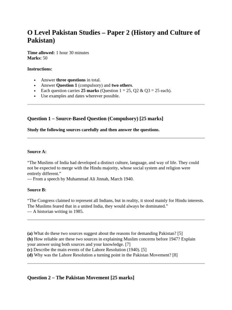 O Level Pakistan Studies Paper 2 Guide | PDF | Pakistan | Pakistan Movement