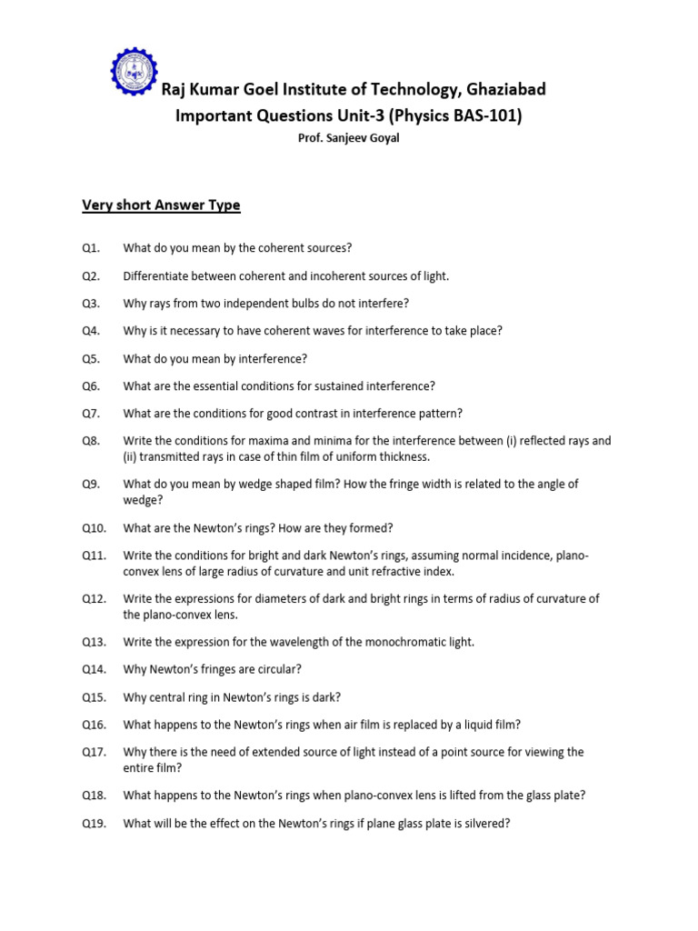 Question Bank Unit-3 (Physics BAS-101) | PDF | Diffraction | Angular Resolution