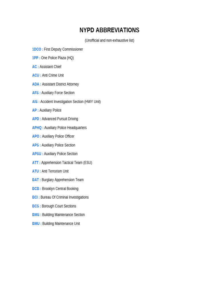 NYPD Abbreviations Explained | PDF
