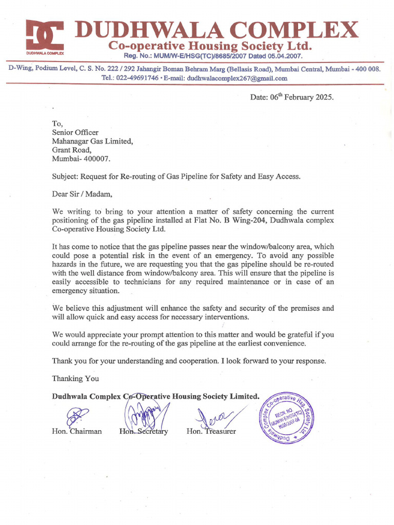 Society Letter For Re Routing of Gas Pipe Line | PDF