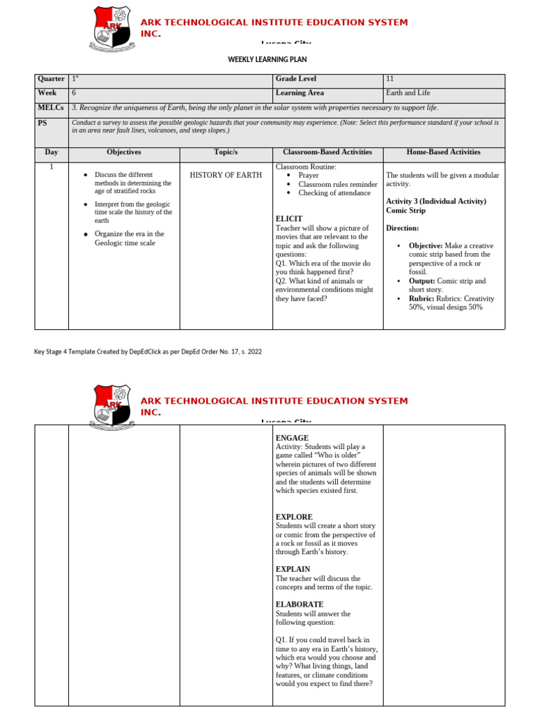 Weekly Learning Plan: Earth History | PDF | Earth Sciences | Geology