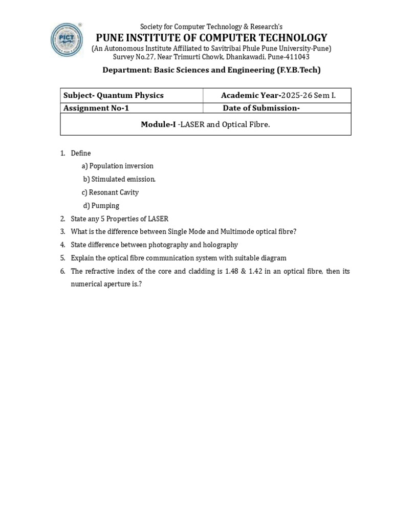 Quantum Physics Assignment on LASERs | PDF