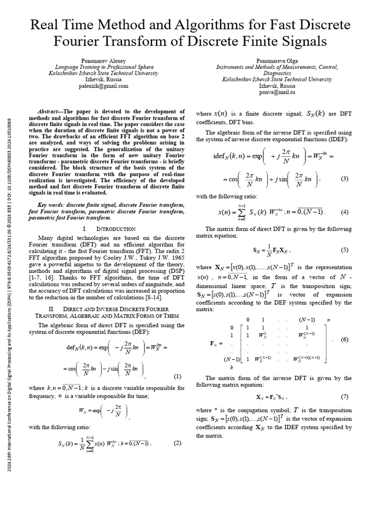 Real Time Method and Algorithms For Fast Discrete Fourier Transform of ...