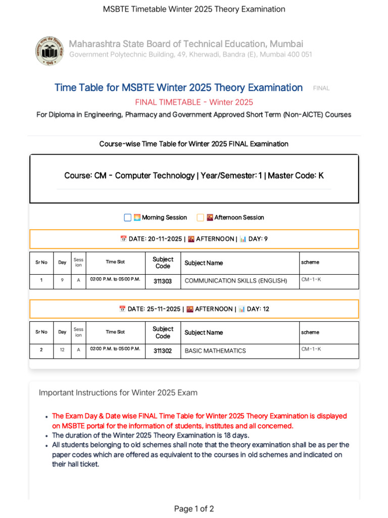 Time Table For MSBTE Winter 2025 Theory Examination: Maharashtra State Board of Technical ...