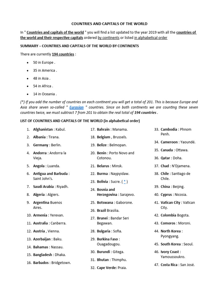 Countries and Capitals of The World | PDF