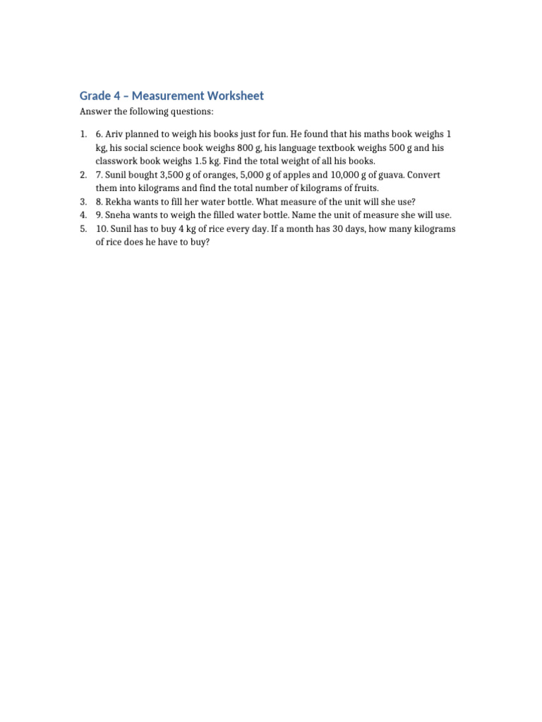 Measurement Questions Grade4 | PDF