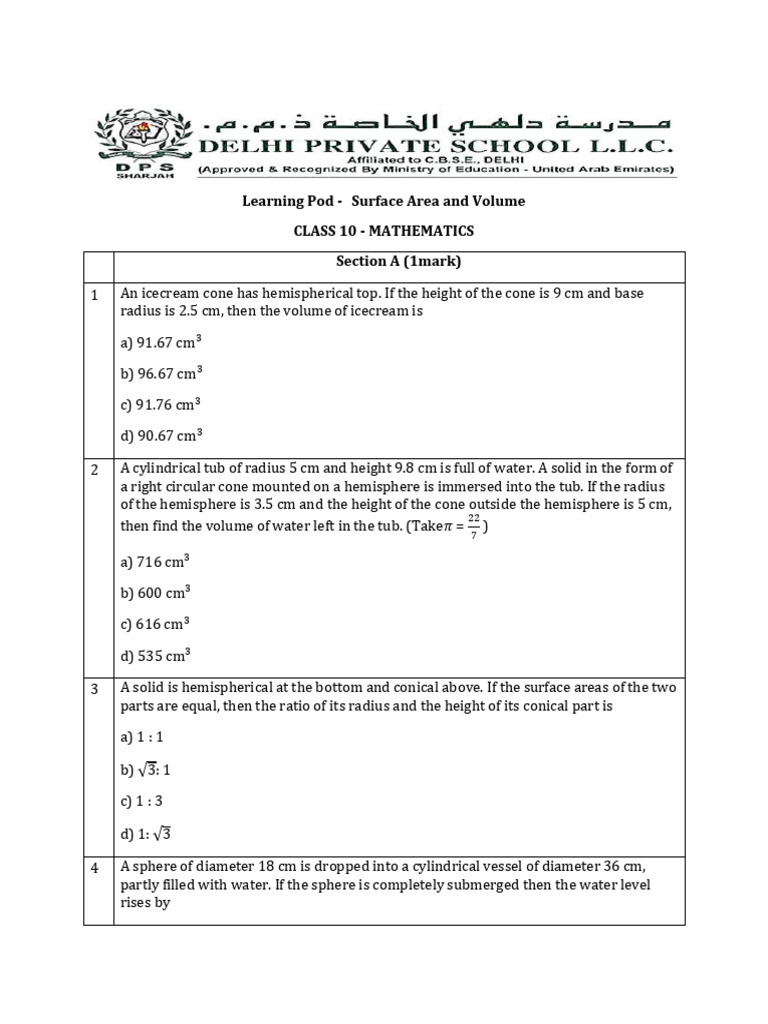 Class X-Mathematics-Surface Area and Volume-Worksheet-1 | PDF | Sphere | Volume