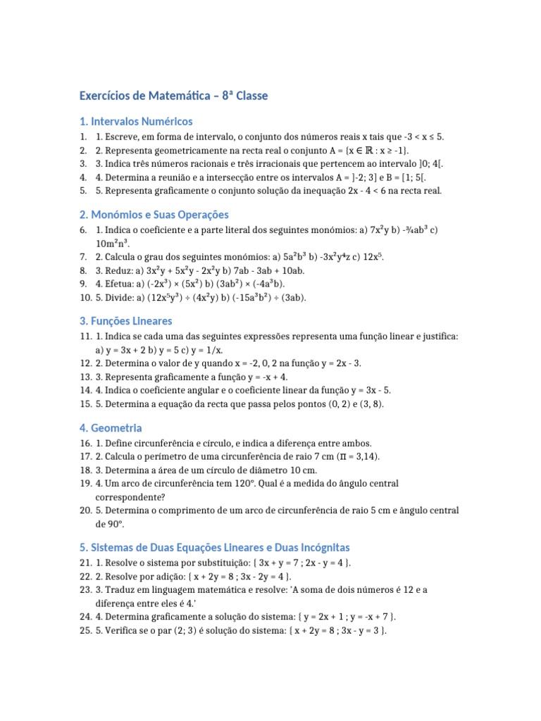 Exercicios Matematica 8a Classe (1) | PDF | Matemática | Números