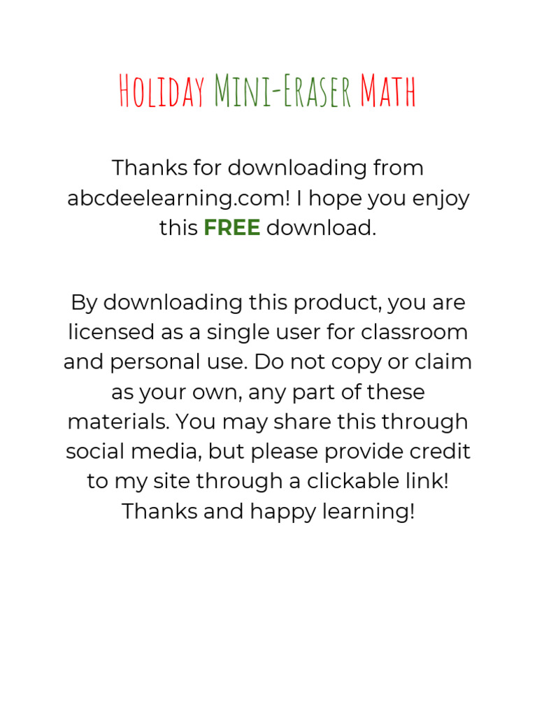 Holiday Mini Eraser Math | PDF
