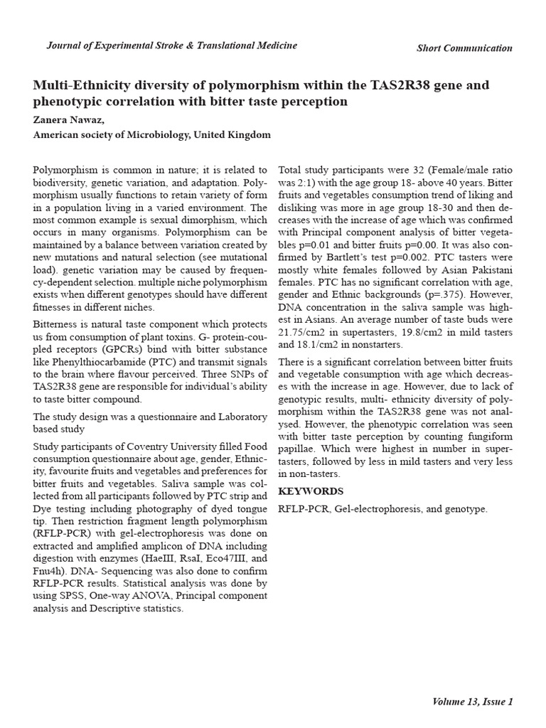 Multiethnicity Diversity of Polymorphism Within The Tas2r38 Gene and ...