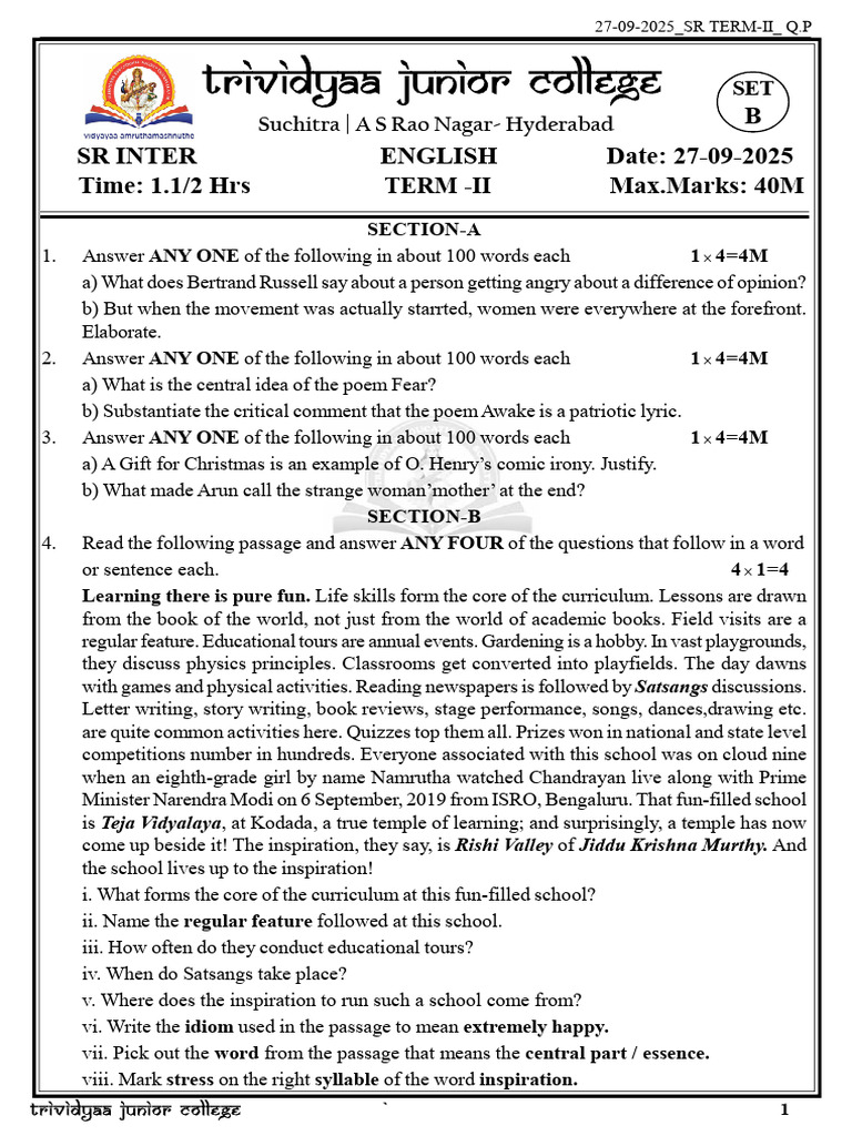 SR English Term-II Q.P 27-09-2025 | PDF
