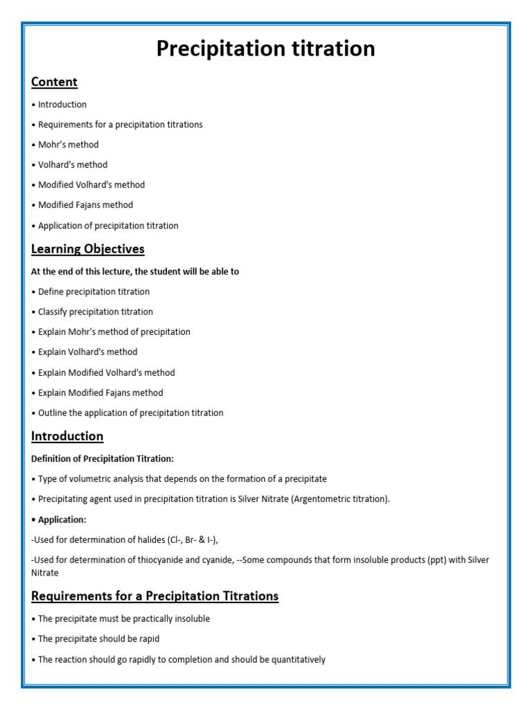 Precipitation Titration Methods Explained | PDF | Titration | Chemistry