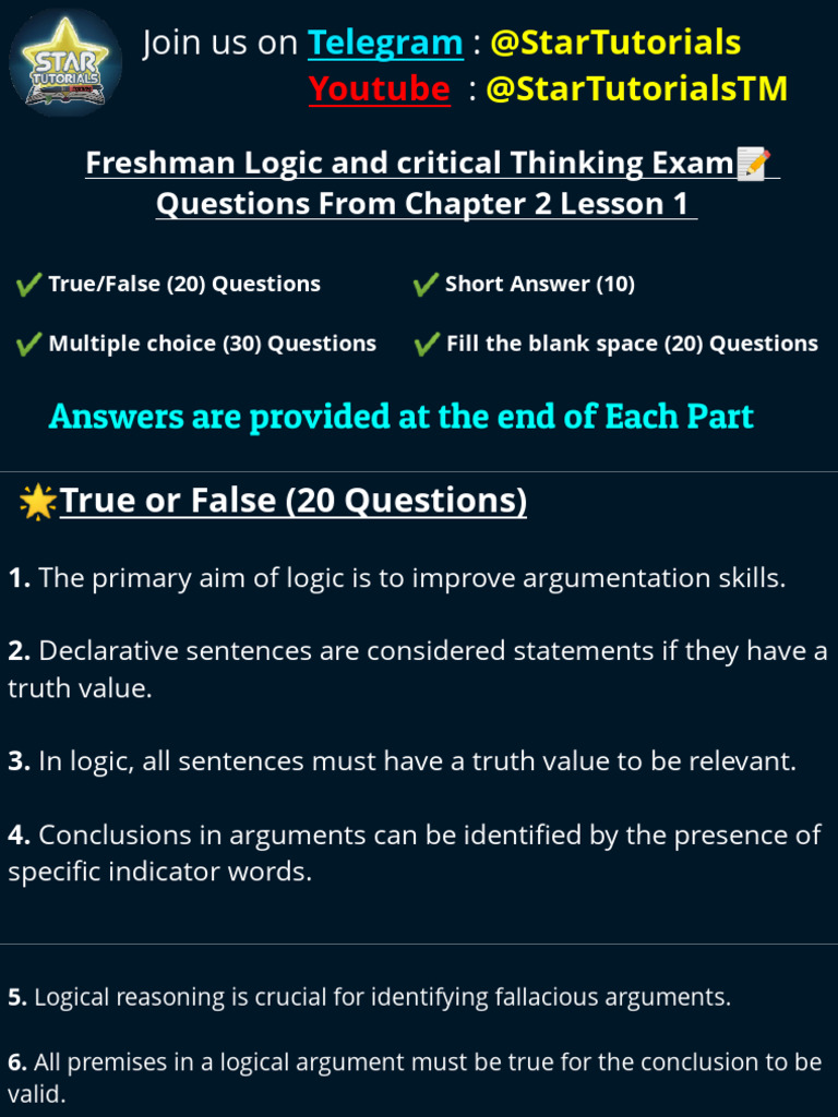 @StarTutorials ? Logic Chapter 2 Part 1 Practice Questions | PDF ...