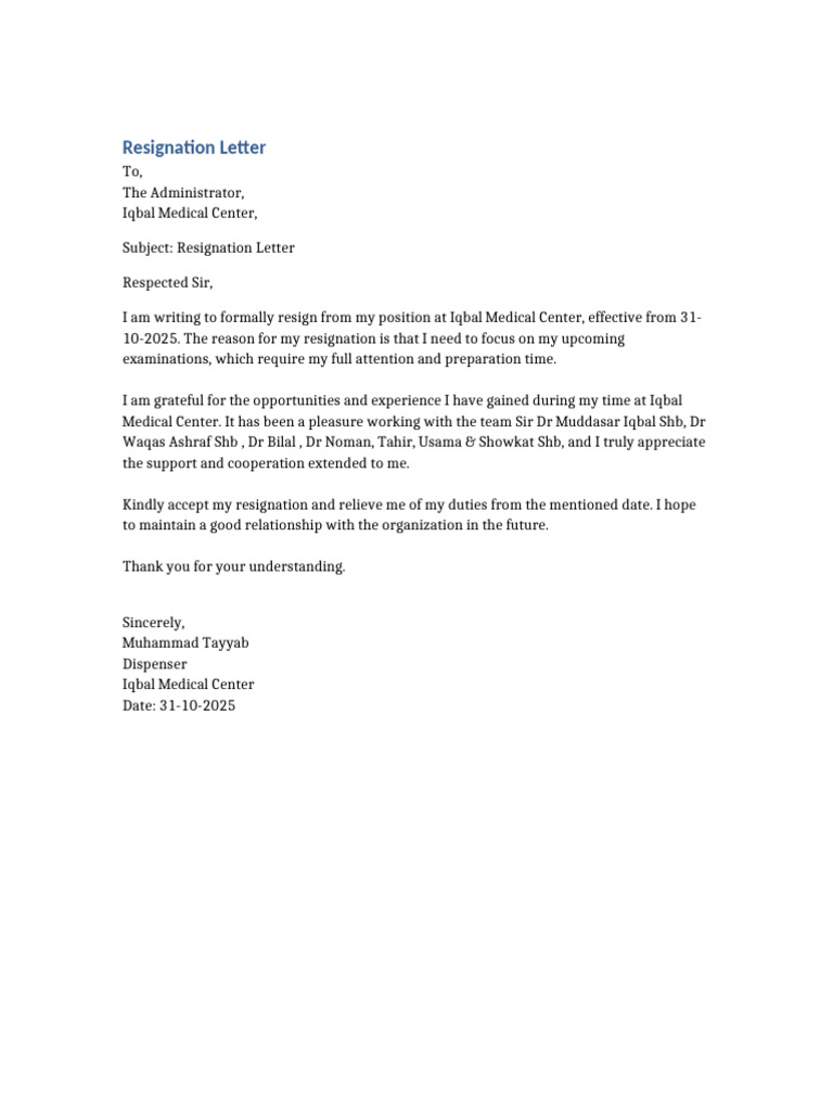 Resignation Letter Muhammad Tayyab Updated | PDF