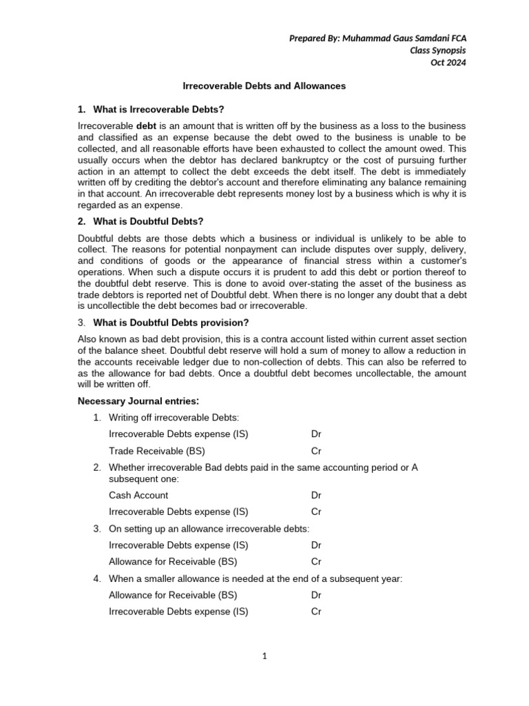 Synopsis On Chapter-9, (Irrecoverable Debts and Allowances) | PDF | Bad ...