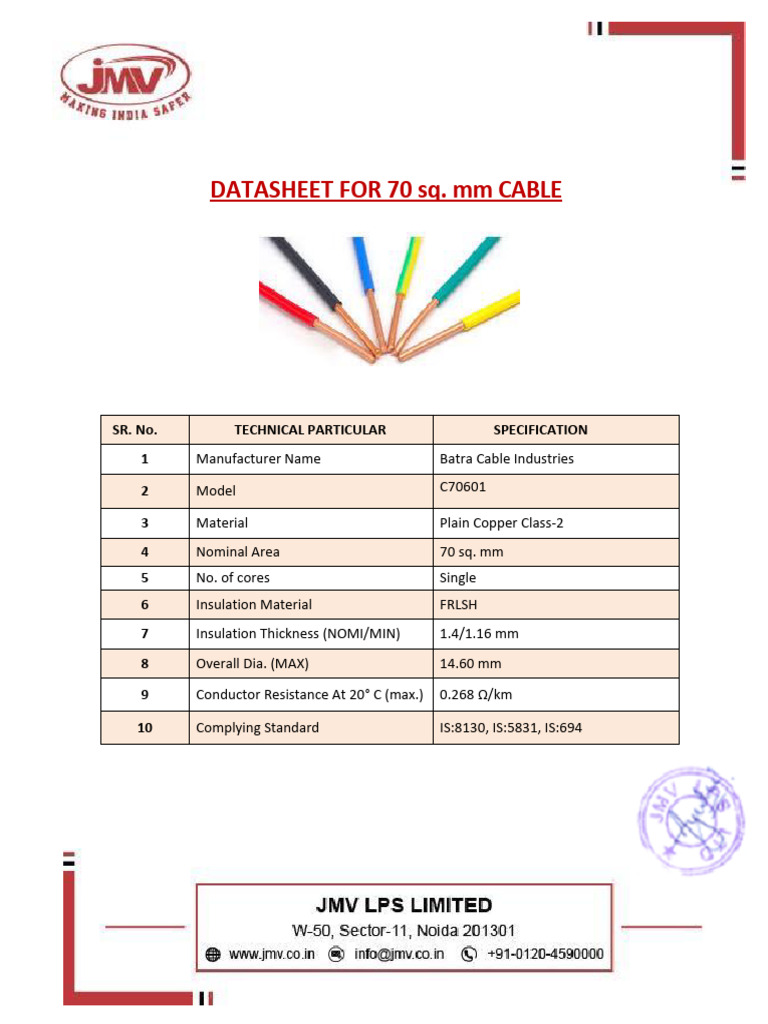 70 sq. mm FRLSH Copper Cable Datasheet | PDF