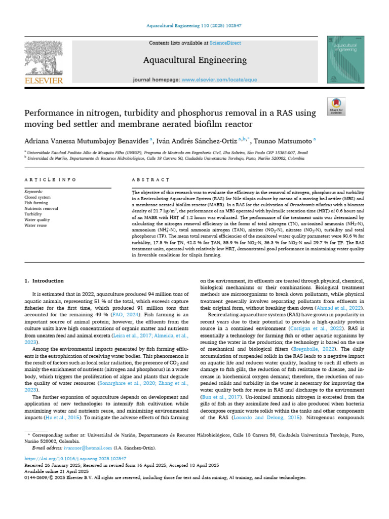 (BioF) Performance in Nitrogen, Turbidity and Phosphorus Removal in A ...