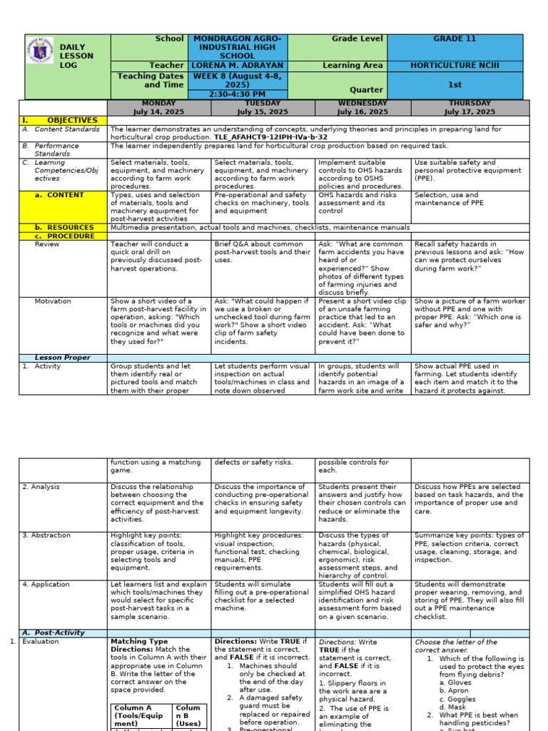Grade 11 Horticulture Lesson Plan | PDF | Personal Protective Equipment ...