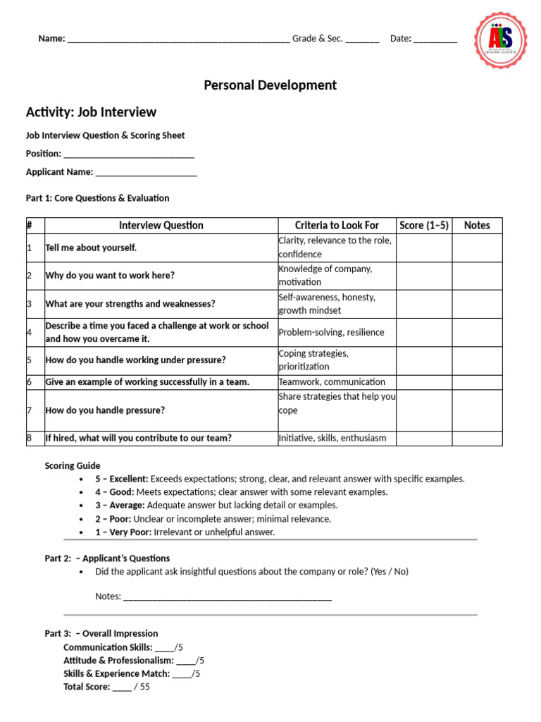 Job Interview Evaluation Sheet Template | PDF | Job Interview ...