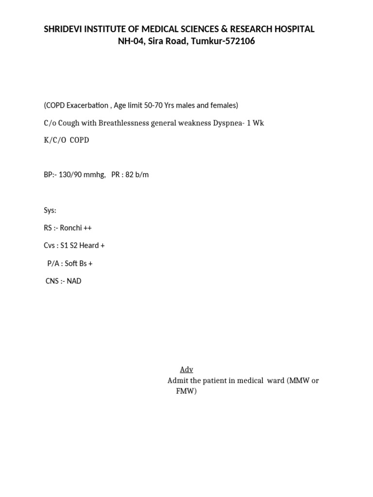 Case Sheet Format (COPD Exacerbation) - 50-70yrs Male | PDF | Chronic ...