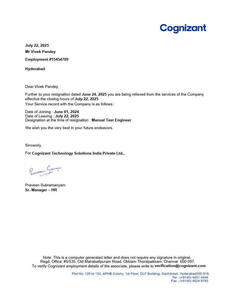 Relieving Letter - Vivek Pandey | PDF