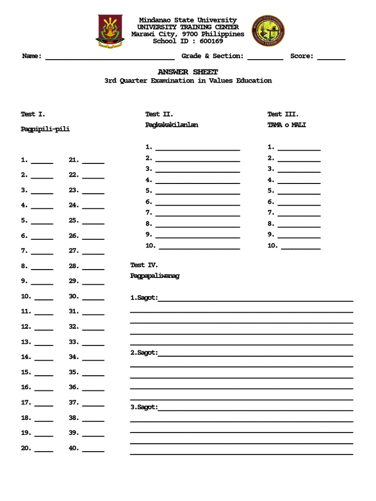 Values Education Exam Answer Key | PDF | Chess | Chess Theory