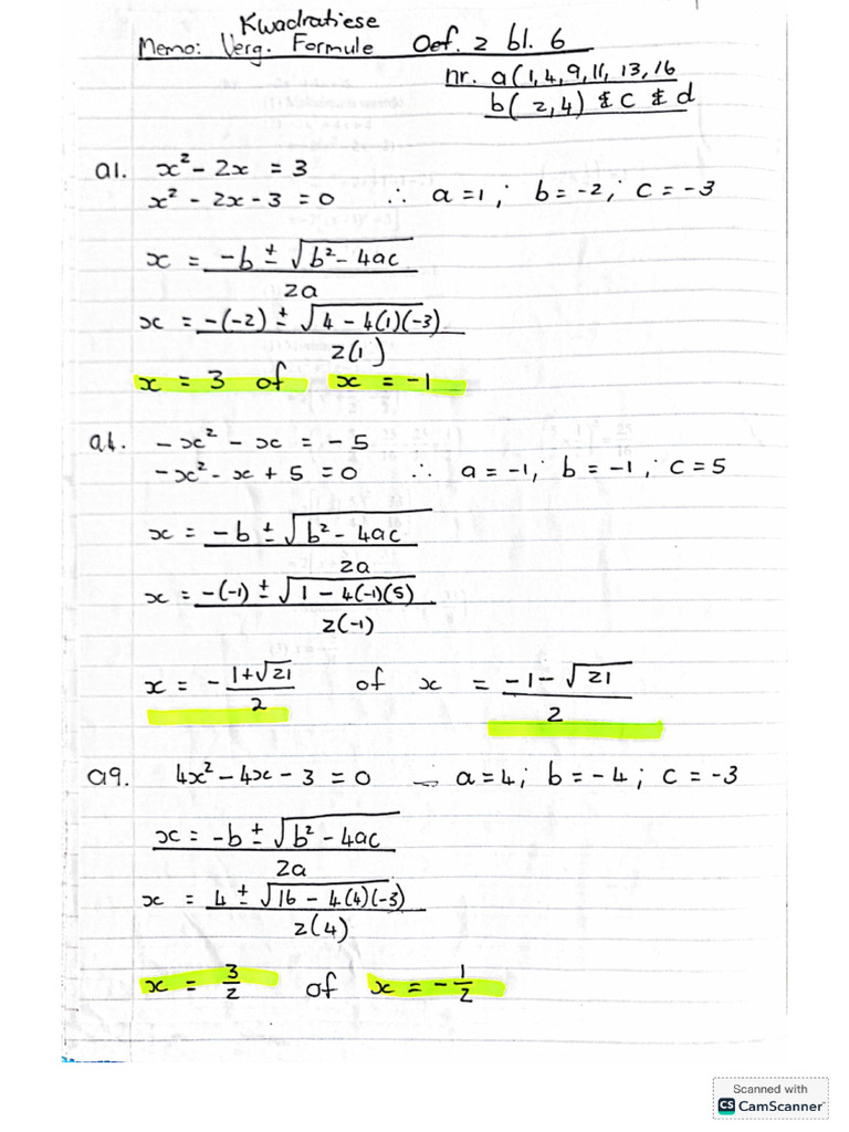 Memo Oef 2 Kwadratiese Formule | PDF