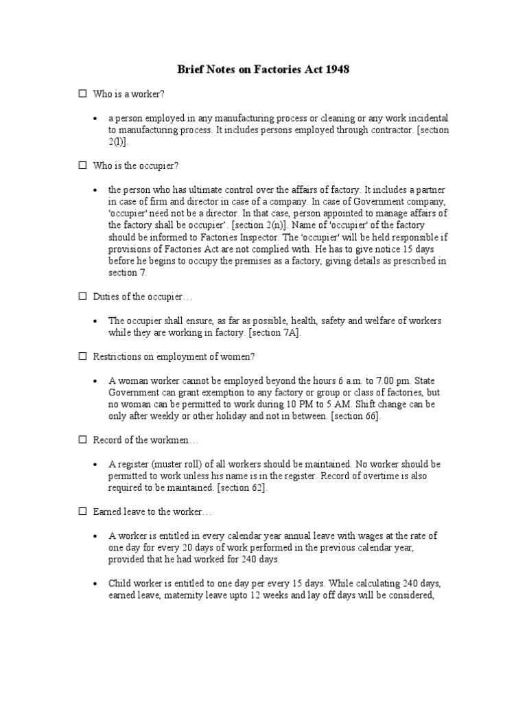 Overview of the Factories Act 1948 | PDF | Lighting | Overtime