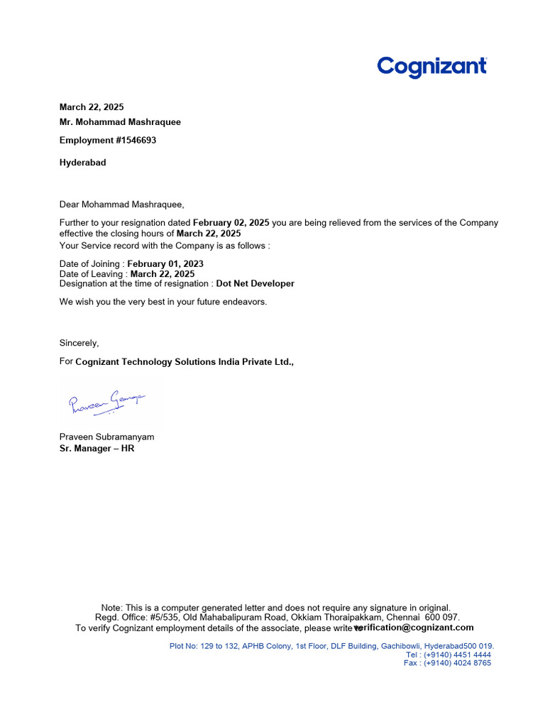 Relieving Letter - Mashraquee | PDF